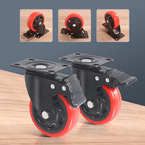 Casters,4 Inch Caster Wheels, Casters Set of 4 Heavy Duty,Red Polyurethane Castors, Safety Dual Locking casters with Brake, Swivel Wheels Industrial Casters for Furniture and Workbench