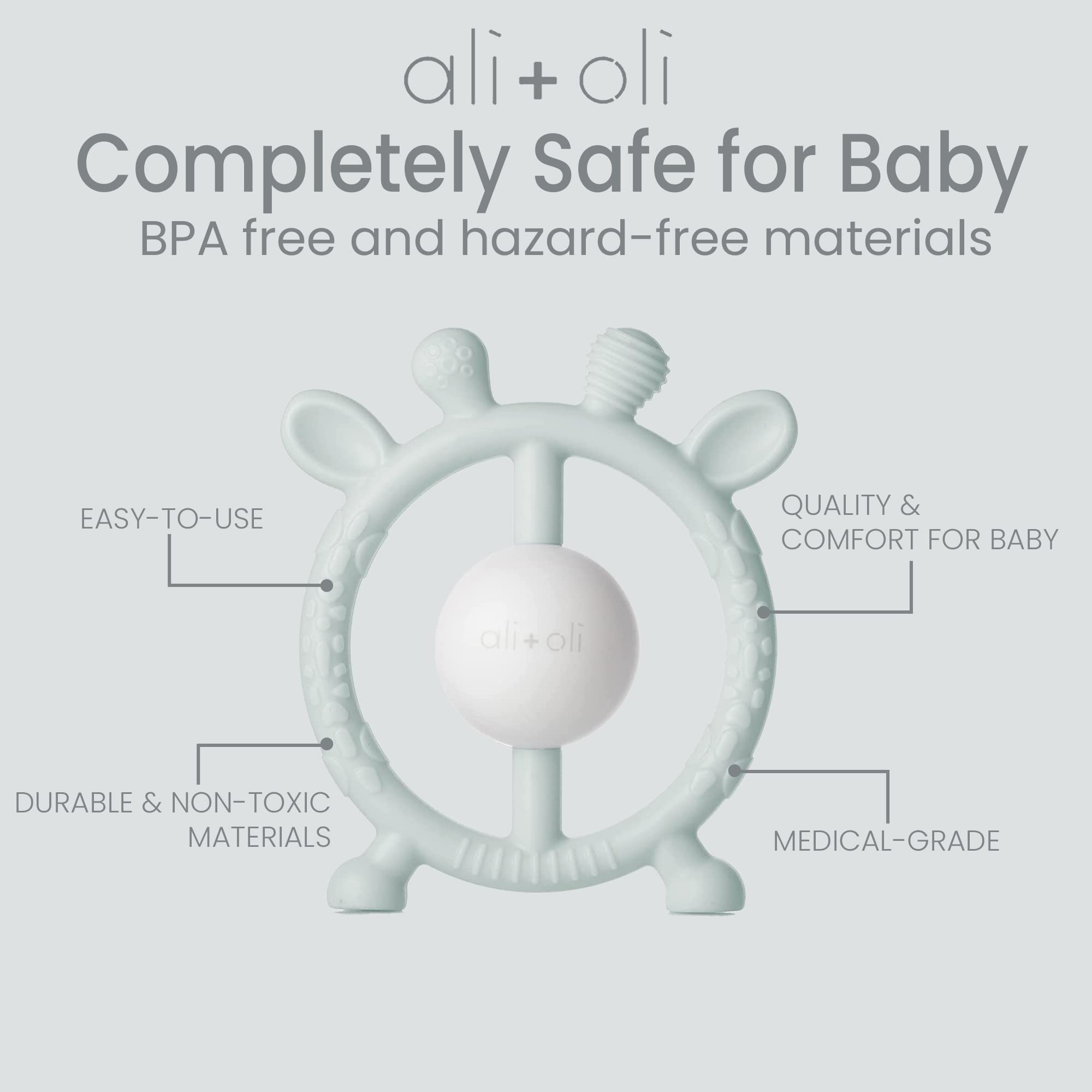 Ali+Oli Baby Teether & Rattle (Mist Giraffe) Baby Teething Relief, Silicone Teethers for Babies 3+ Months, Baby Teething Toys w/Multi-Textured Surface, BPA Free & Freezable Teethers for Babies