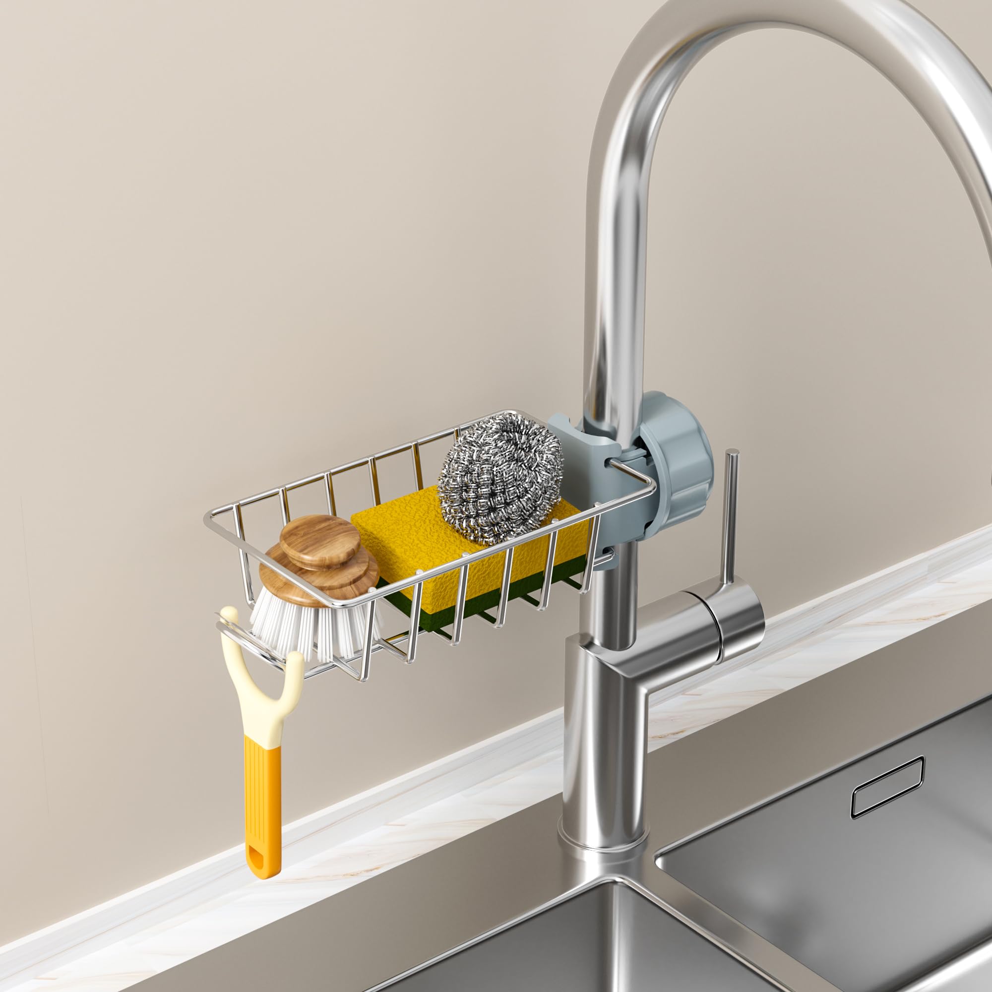 Aexbxoa Kitchen Sink Faucet Organizer, Sponge Holder for Kitchen Sink, Adjustable Detachable Stainless Steel Faucet Rack for Bathroom, Scrubbers, Soap