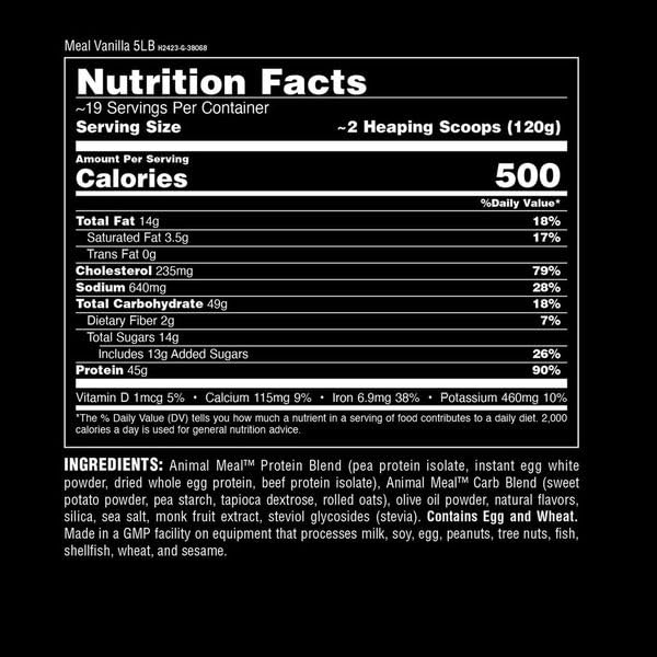 Animal Meal - All Natural High Calorie Meal Shake - Egg Whites, Beef Protein, Pea Protein, Vanilla