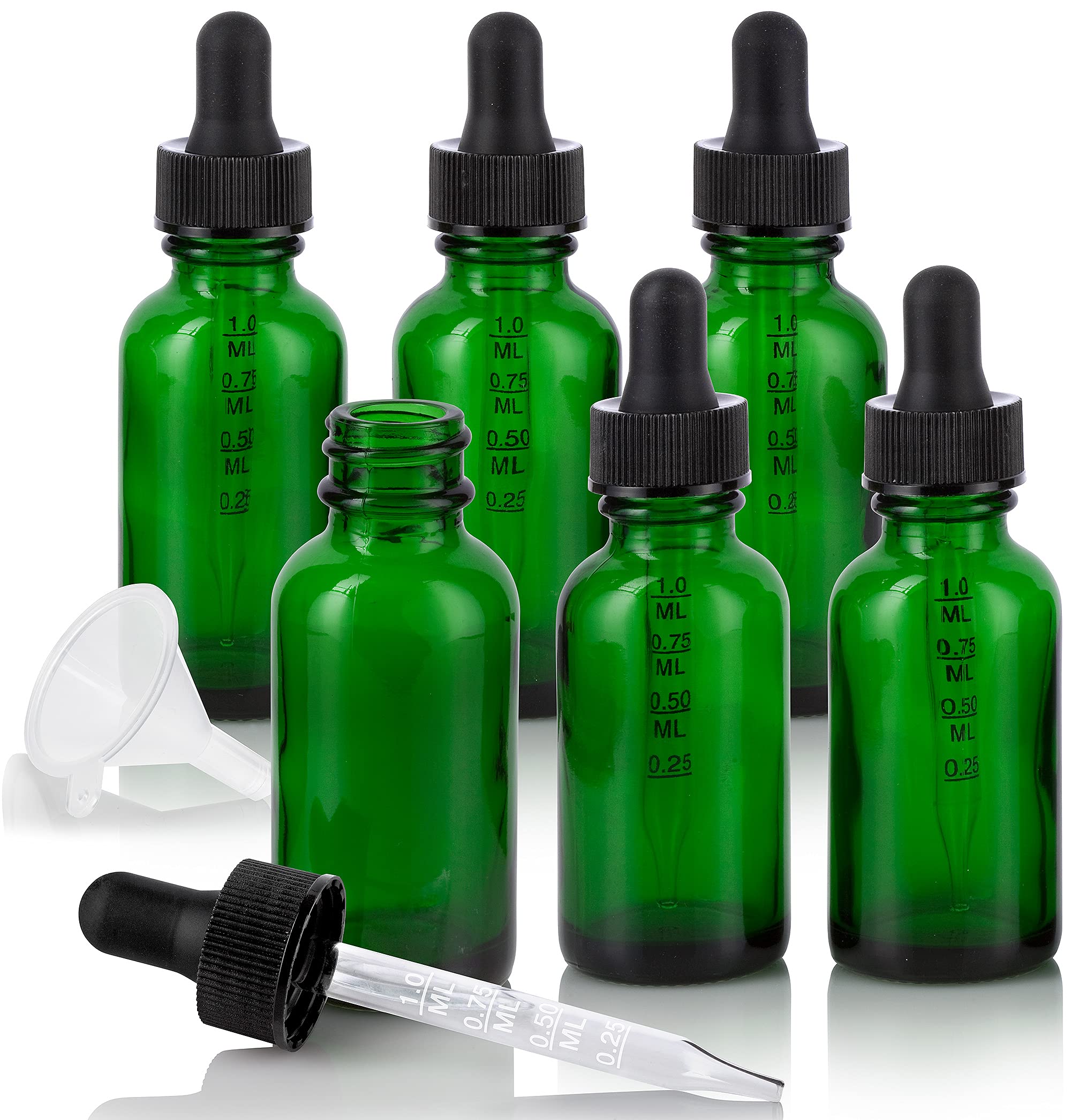JUVITUS 2 oz / 60 ml Green Glass Boston Round Bottle with Graduated Measurement Dropper (6 Pack) + Funnel