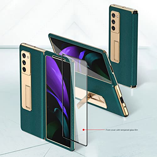 EAXER Compatible with Samsung Galaxy Z Fold 3 5G Case Metal Stand Front with Tempered Glass Cover Luxury Leather Hybrid Plating PC with Kickstand Cover Shockproof Protective Fold Case (Black)