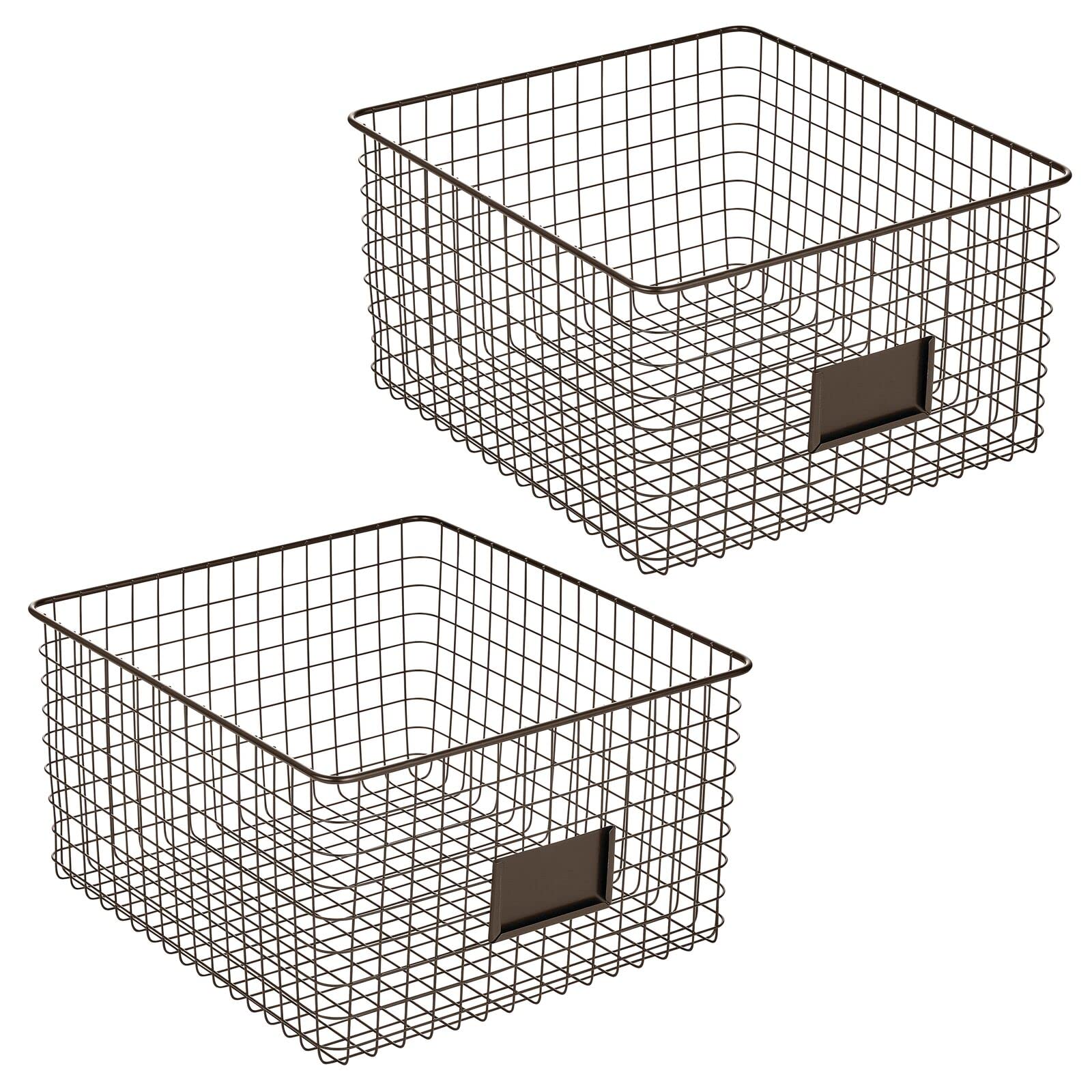 mDesign Wide Metal Farmhouse Storage Organizer Bin Baskets with Label Slot for Closet, Cabinet, Cupboard - Wire Organizing Basket Holds Clothing, Linens, Shoes, Omaha Collection, 2 Pack, Bronze
