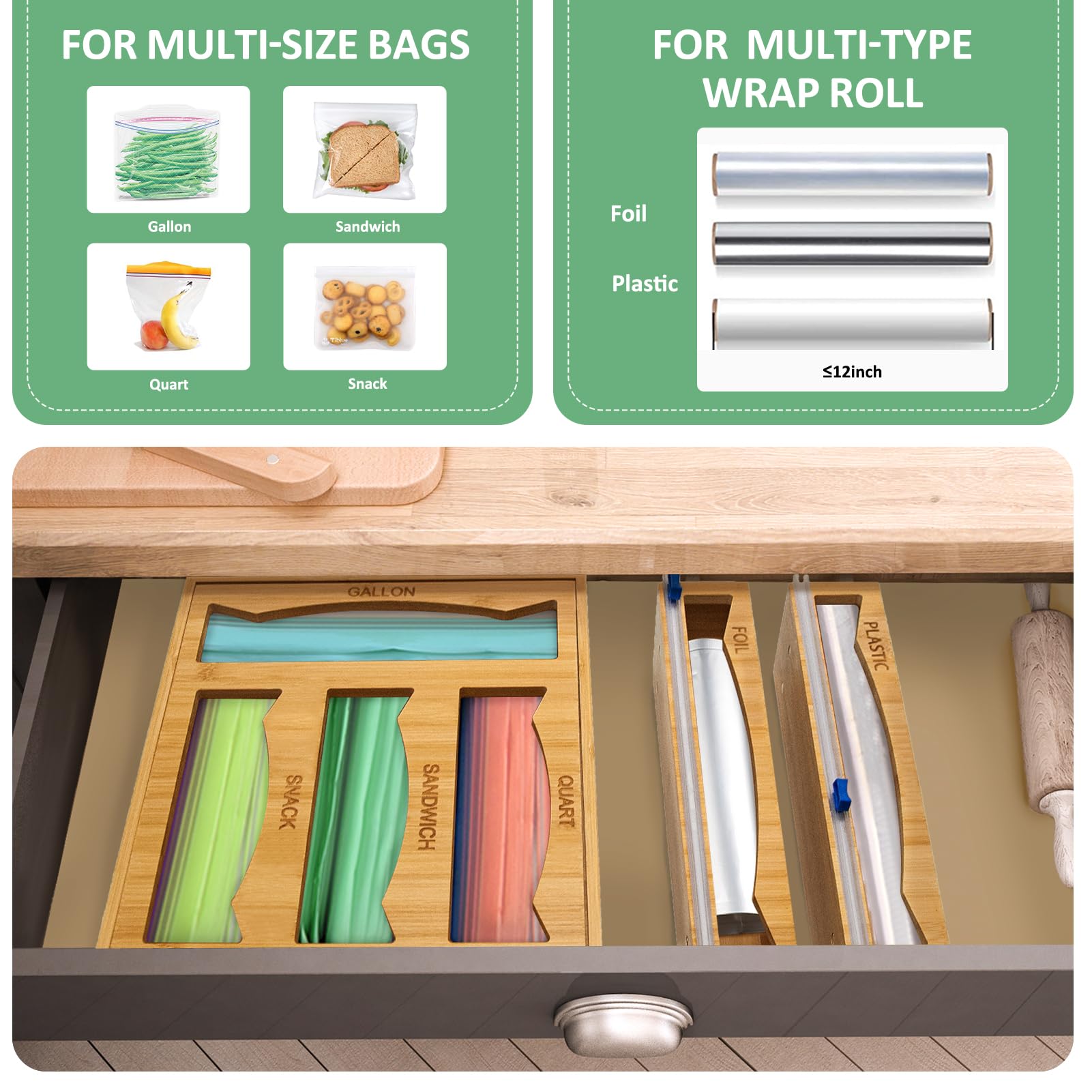 6 in 1 Plastic Bag Organizer with mag Foil and Saran Wrap Dispenser With Cutter For Kitchen Drawer- Bamboo Food Storage Organizer Perfect For Plastic Ziploc,Gallon,Quart Variety Size Bags & 12” Rolls