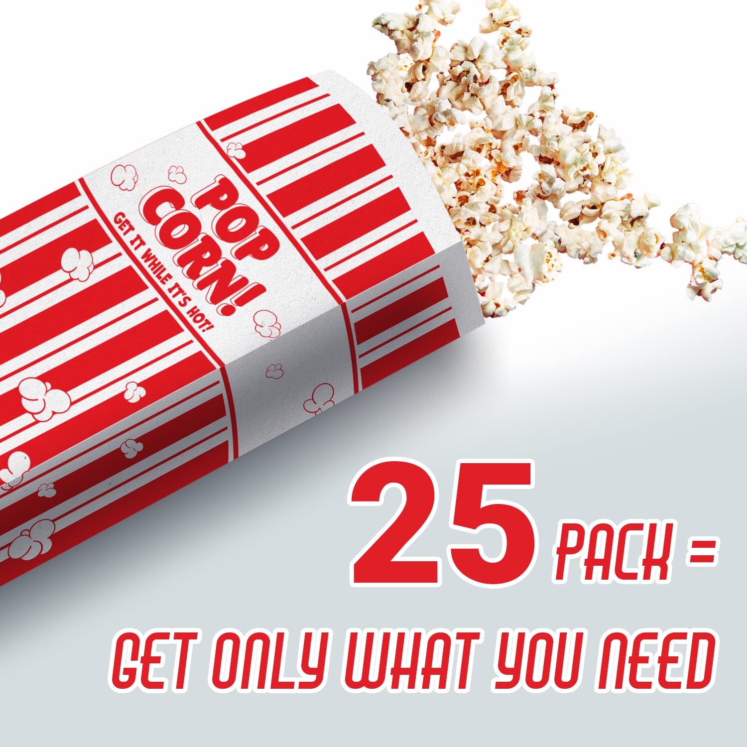 Retro, Grease Resistant Popcorn Bags 25 Pack. Single Serving 1oz Paper Sleeves in Nostalgic Red/White Design Movie Theme Party and Old Fashioned Carnivals & Fundraisers Old School Supplies