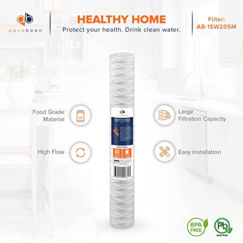 Aquaboon 5 Micron 20" x 2.5" String Wound Sediment Water Filter Cartridge | Universal Replacement for Any 20 inch RO Unit | Compatible with 101-230, PD-5-20, AP110-2C, P5-20, CFS124-C20, 1-Pack