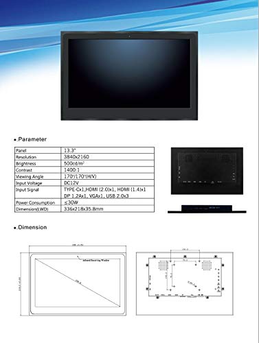 Yiletec 13.3" YL-133MC4K UHD 3840X2160 Metal Frame Capacitive Touchscreen IPS Built in Speakers USB Type-C HDMI 2.0,HDMI 1.4X1 DP1.2AX1,VGAX1,USB 2.0X3