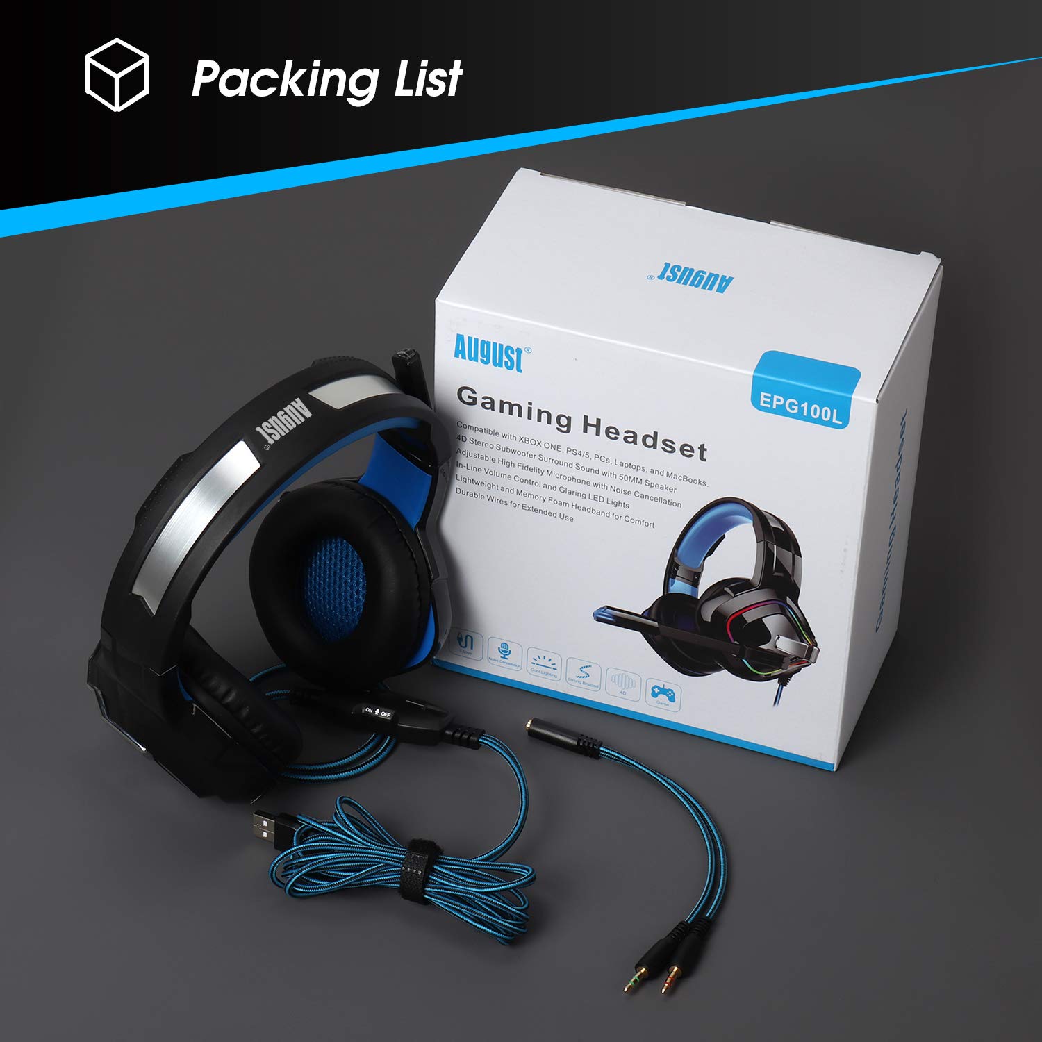 August Gaming Headset EPG100L - Stereo Surround Sound Noise Cancellation Wired Headphones with Adjustable Microphone and RGB Light Compatible PC Mac Tablets Phones