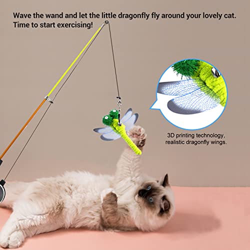 Cat Fishing Pole Toy, 1 Retractable Cat Wand 4 Replacement Attachments with Feathers Fish Dragonfly Caterpillar with Crinkle Paper Interactive Kitten Toys Gifts with Detachable Bells Nylon Rope