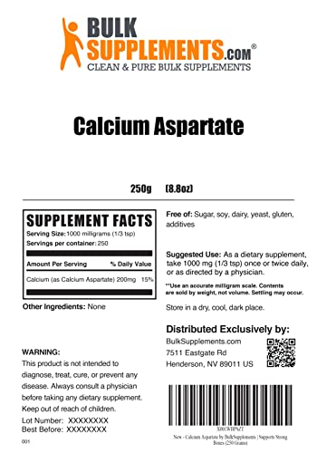 BulkSupplements.com Calcium Aspartate Powder - Calcium Supplement Powder - Calcium Aspartate 200mg - Vegan Calcium - 1000mg (200mg Calcium) per Serving, 250 Servings (250 Grams - 8.8 oz)