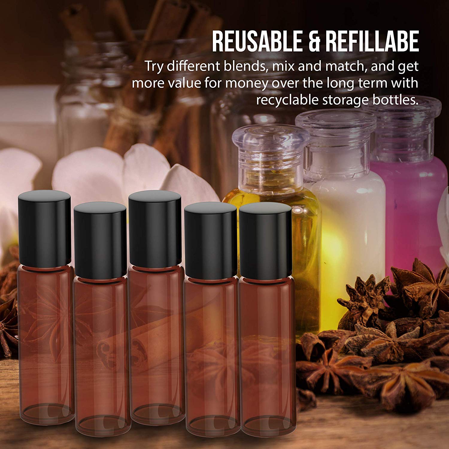 Nylea 8 Pack - Essential Oil Roller Bottles [Metal Chrome Roller Ball] FREE Plastic Pippette Refillable Glass Color Roll On for Fragrance Essential Oil - 10 ml 1/3 oz (Amber)