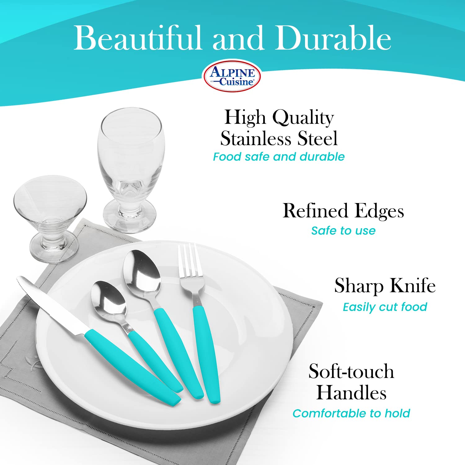 ALPINE CUISINE Flatware Set 16 Piece Service for 4, Stainless Steel Flatware Cutlery Set Includes Dinner Knives/Forks/Spoons - Great for Camping or College Dorms - Dishwasher Safe - Aqua