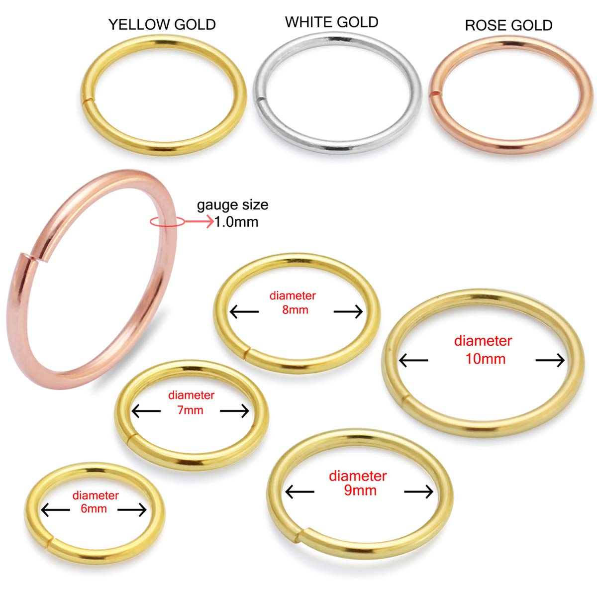 9K Solid White Gold 18 Gauge - 8MM Diameter Seamless Continuous Hoop Nose Ring Piercing Jewelry