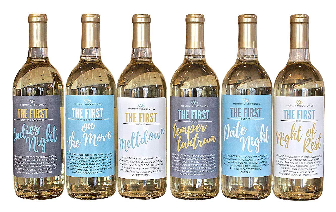 6 Mommy's First Milestone Wine Labels and Stickers, Great Baby Shower and Pregnancy Gift Ideas for Mom To Be, Funny Mom's First Moments After Having New Baby Girl or Boy ā By Harper & Ivy Designs