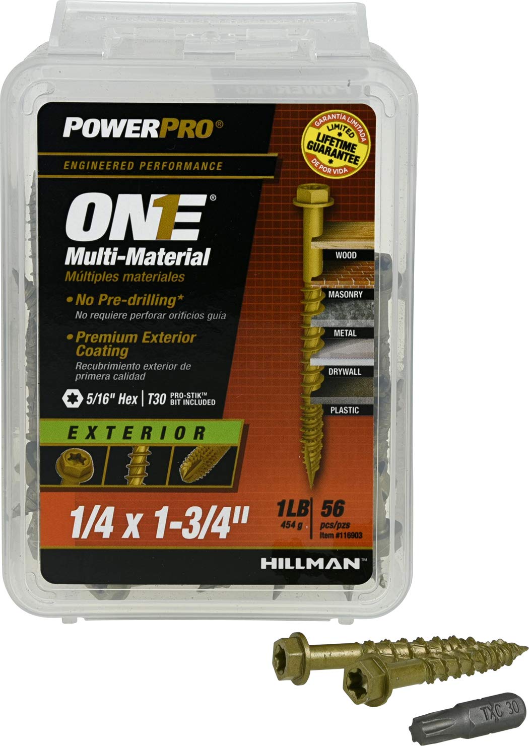 Power Pro Premium One Multi-Material Hex Washer Head Screws, Epoxy Coated Steel, Fasten in Wood, Metal, Concrete, Drywall and Plastic, Bronze, ¼ x 1-¾ inches, Box of 56 Screws