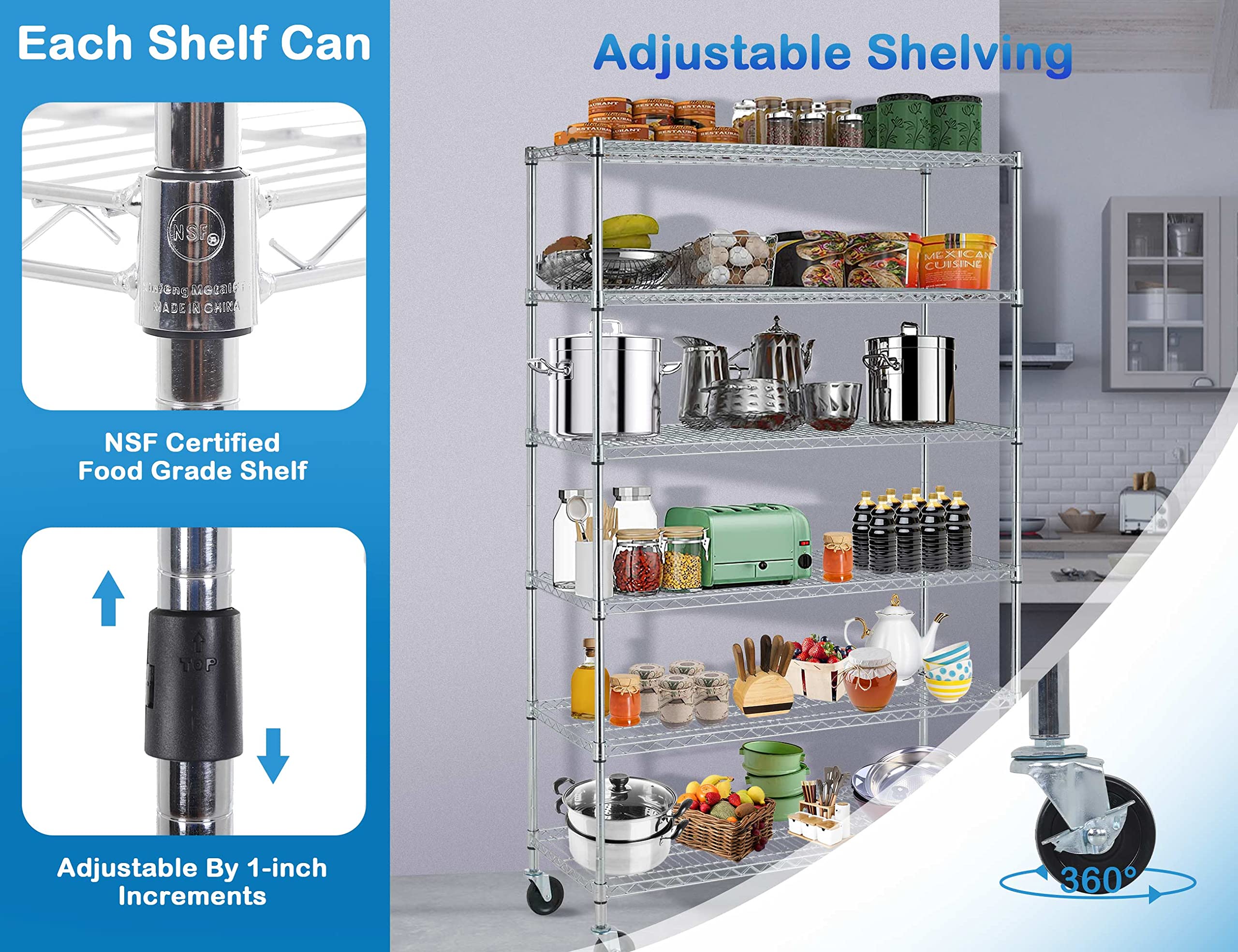 6000Lbs Capacity Metal Shelving Unit 6 Tier Adjustable Shelves for Storage Heavy Duty Commercial Grade Wire Shelf with Wheels & Feet 48" ×18" ×78" Storage Rack for Warehouse Garage Pantry Basement
