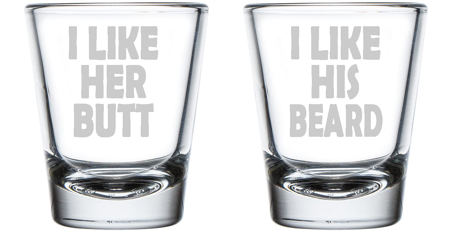 Alankathy Mugs Shot glass set for married couple wifey hubby wife husband mother father (1.5OZ I LIKE HER BUTT HIS BEARD)