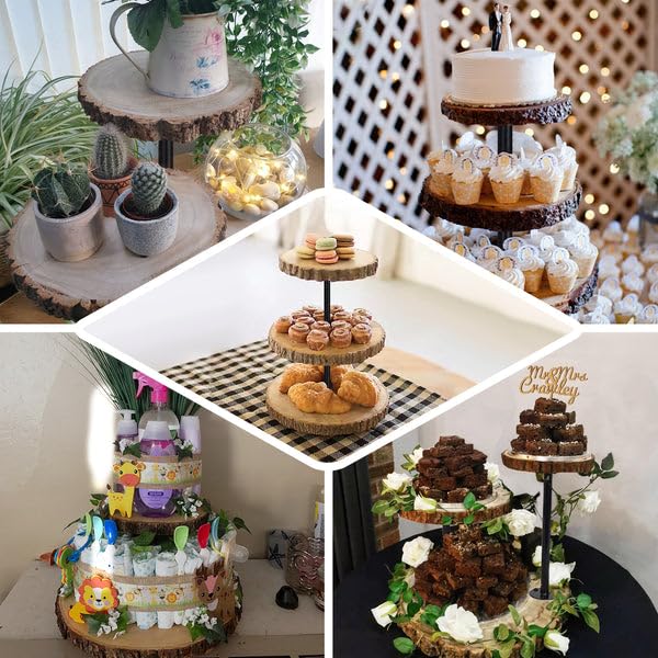 Efavormart 14" Tall | 3 Tier Rustic Wood Slice Cupcake Stand, Natural Wooden Cake Stand Dessert Display with Metal Poles