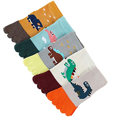 Petyoung 5 Pair Kids Toe Socks, Cartoon Five Finger Crew Ankle Sock Breathable Running Toe Socks for 0-10Y Boys and Girls