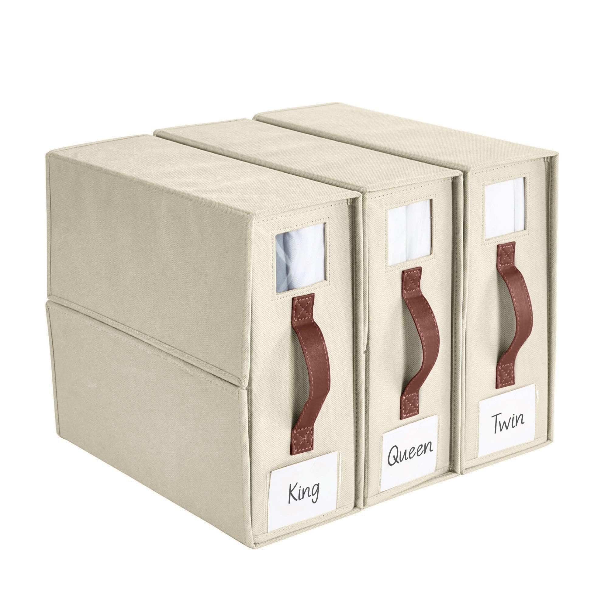 DECOMOMO Bed Sheet Organizer, XL Sheet Storage Organizer with Faux Leather Handle and Clear Window, Foldable Linen Storage Organizer for Bedsheets Duvet Covers (Pack of 3, Beige)