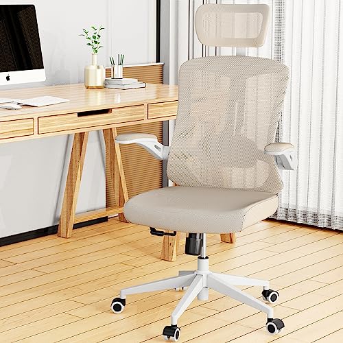 balmstar Ergonomic Office Chair, Home Office Desk Chair with Adjustable Headrest & Lumbar Support, Swivel High Back Computer Chair, Breathable Mesh Desk Chair, PU Silent Wheels, Flip-Up Arms (Khaki)