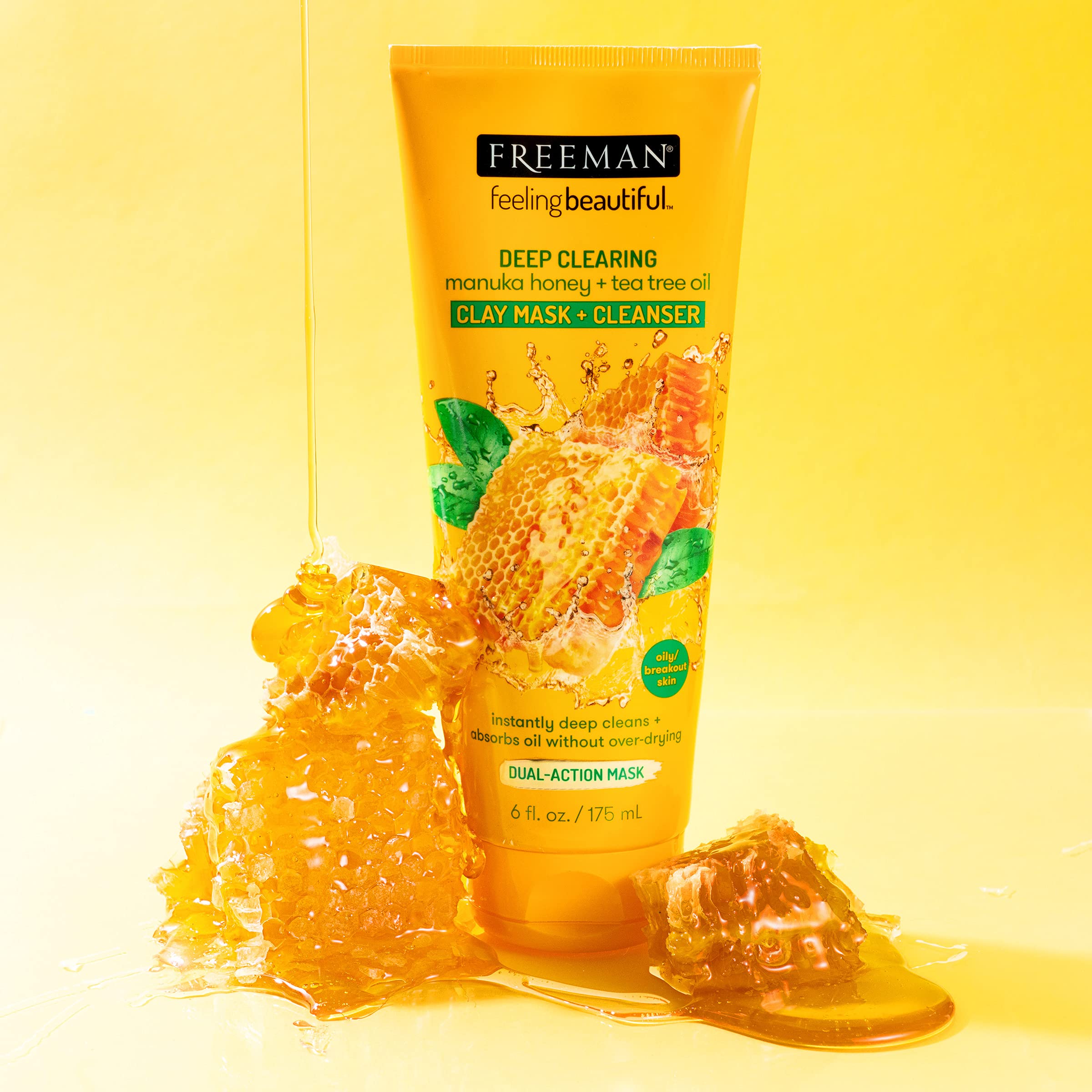Freeman Deep Clearing Manuka Honey & Tea Tree Oil Clay Mask + Cleanser, Healing and Skin Purifying Beauty Face Mask, 6 fl oz tube/175 mL
