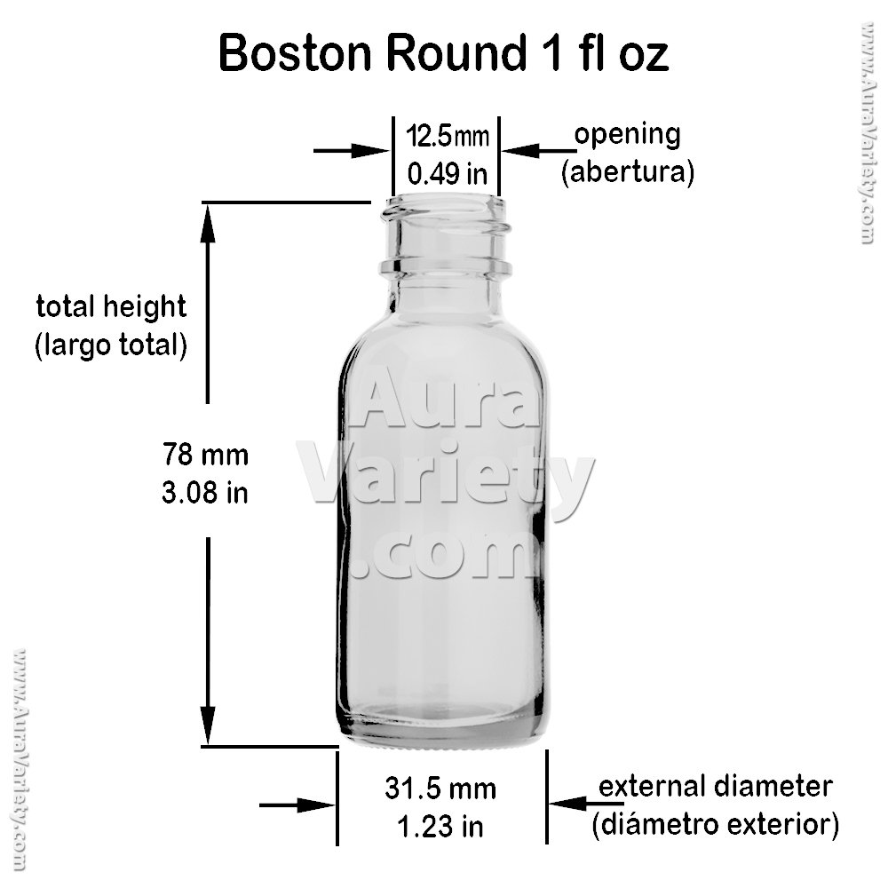 AURA VARIETY 144 PACK BOSTON ROUND 1 OZ 30 ML CLEAR GLASS BOTTLES WITH POLY CONE LINED BLACK CAPS