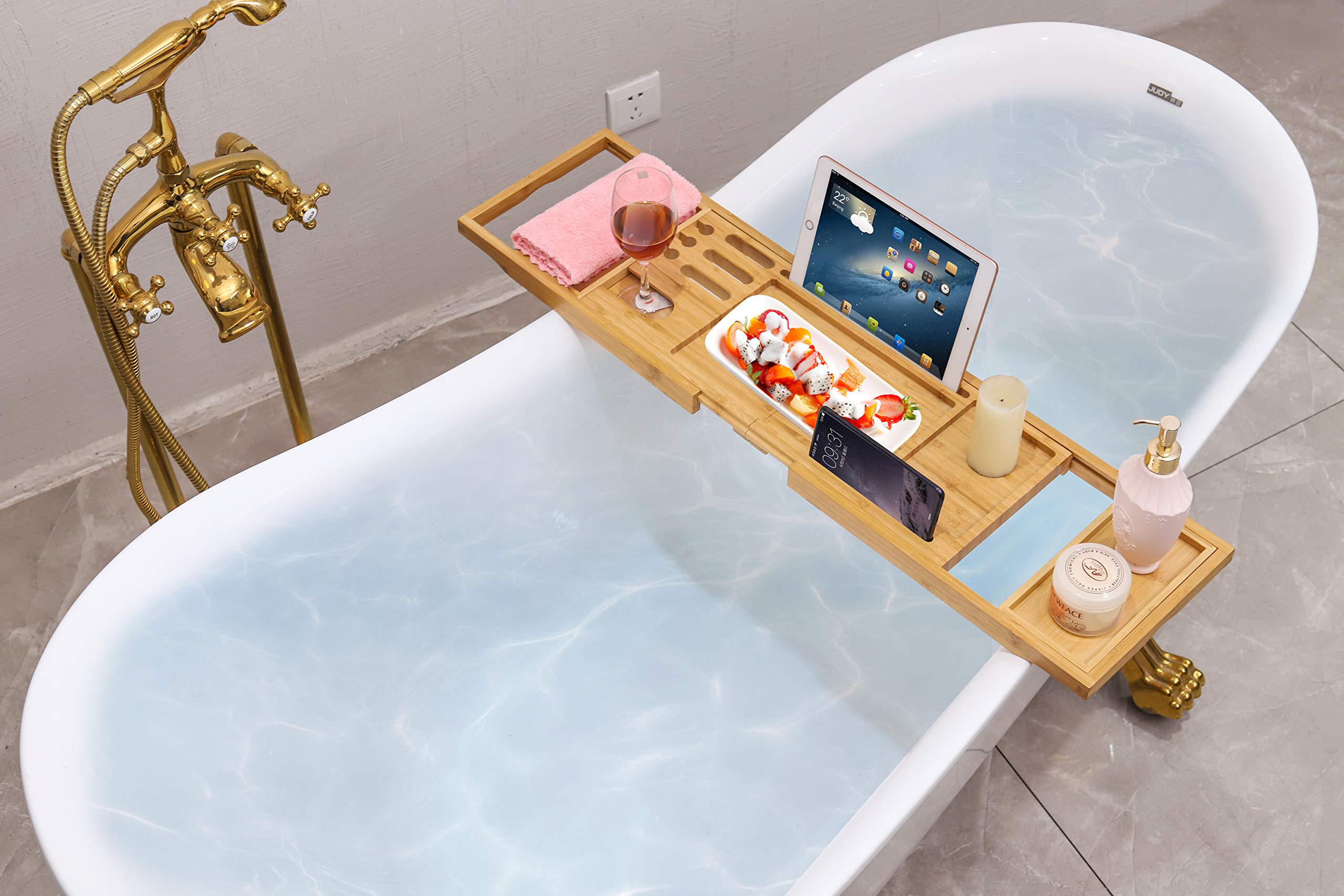 YCOCO Bathtub Tray,Expandable Bamboo Luxury Bath Tray for Tub,with Book Stand and Soap Dish,Tablet Holder,Wine Glass Slot