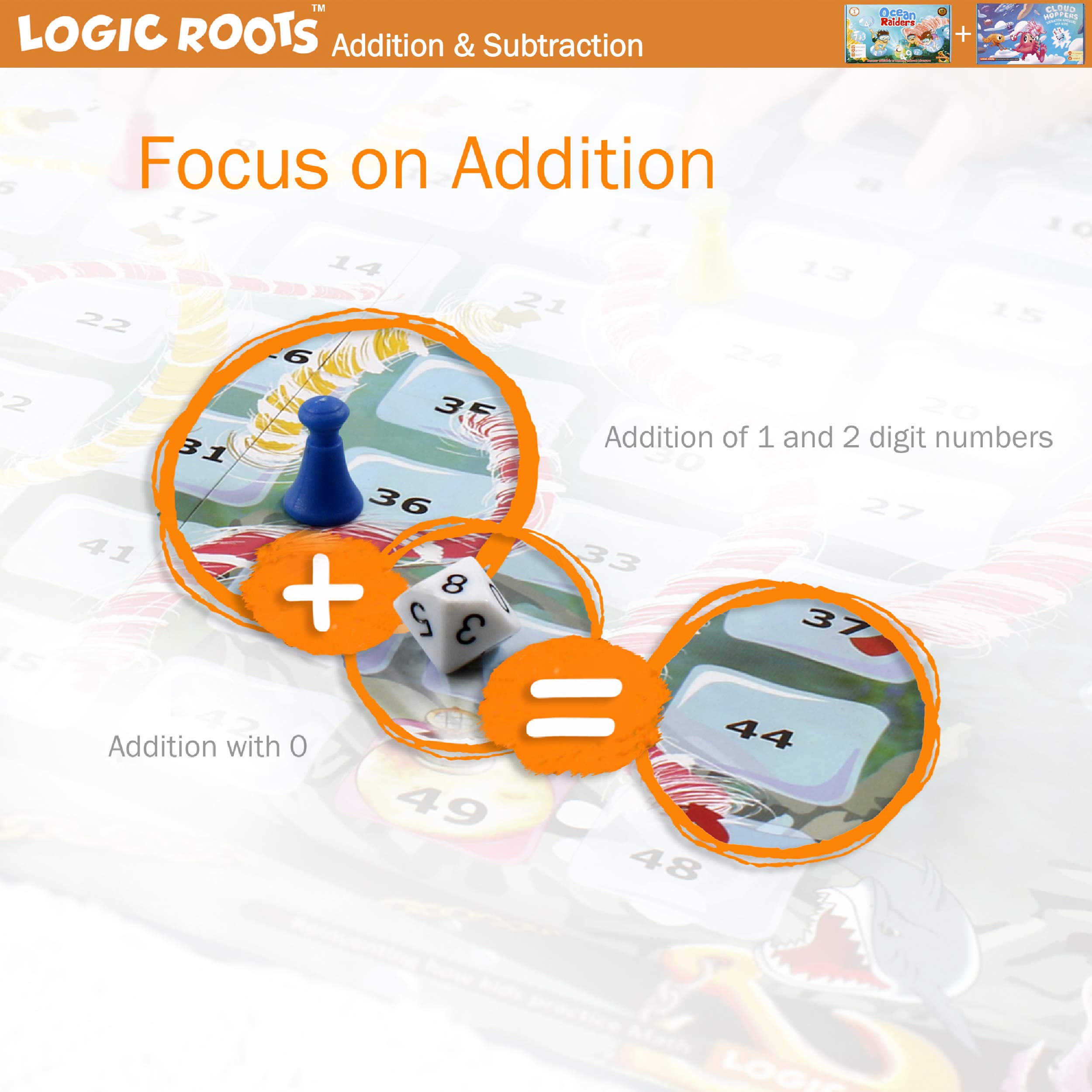 Logic Roots Addition and Subtraction Games - Pack of 2, Ocean Raiders and Cloud Hoppers, Math Board Games & STEM Toys for 6-8 Year Olds, Educational Gift for Kids, Homeschoolers, Kindergarten and Up