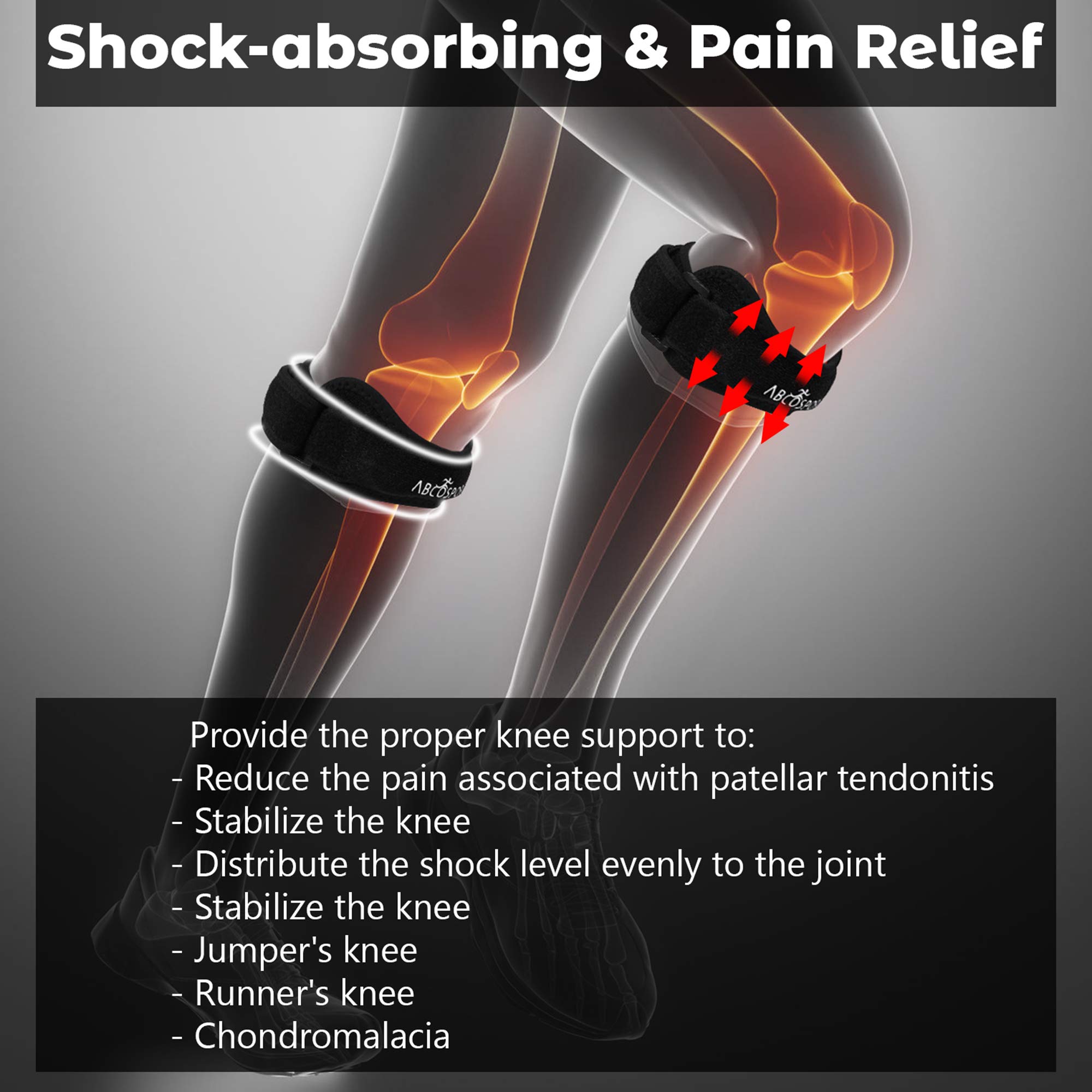 Abco Tech Patella Knee Strap (Black - 2 Pack) - Knee Pain Relief - Tendon and Knee Support for Running, Hiking, Soccer, Basketball, Volleyball and Exercise - Runners Knee Stabilizer - Adjustable Band