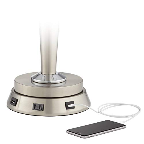 360 Lighting Modern Table Lamp with USB and AC Power Outlet Workstation Charging Base 25.75" High Silver Leaf Hammered Metal Off White Fabric Drum Shade for Living Room Bedroom Bedside