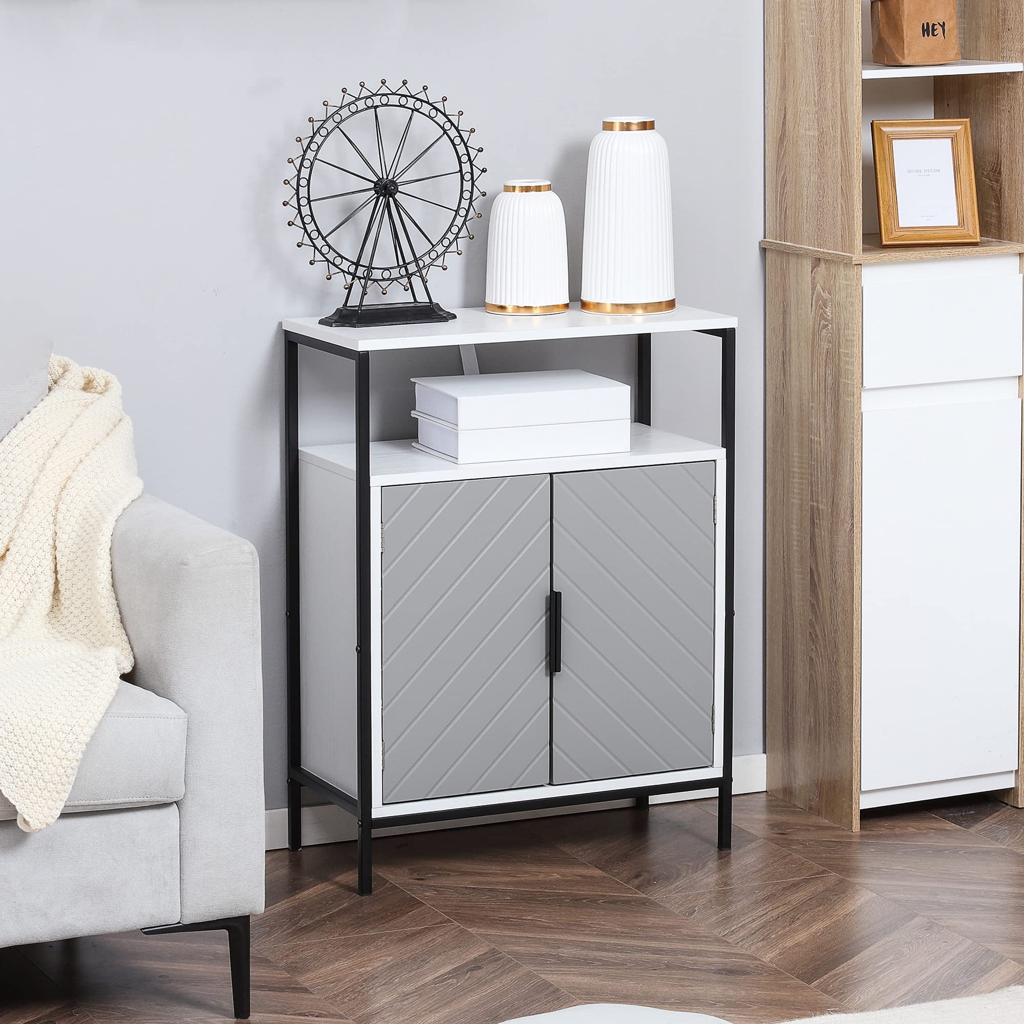 HOMCOM Storage Cabinet with Open Shelf and Double Door Cupboard, Accent Cabinet with Herringbone Panel and Steel Frame, Gray