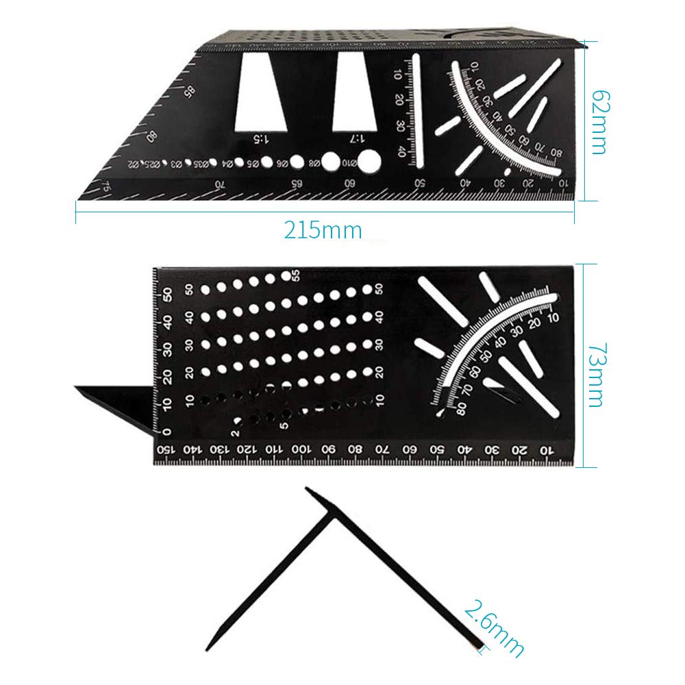 Aluminum Alloy Woodworking Square Size Measure Ruler, 3D Mitre Angle Measuring Template Tool, 45 90 Degree Carpenter's Layout Ruler Gauge Woodworking Accessories Gifts for Men Dad Father Husband