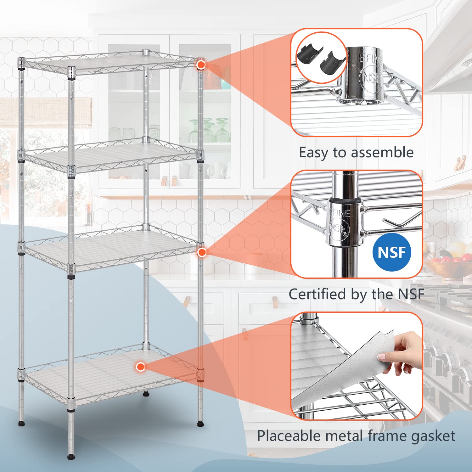 FDW 18L x 12W x 44H Wire Shelves with 4 PP Sheets Metal Shelf Storage Shelves 4 Tier Layer Storage Shelves for Laundry Bathroom Kitchen Garage,Chrome