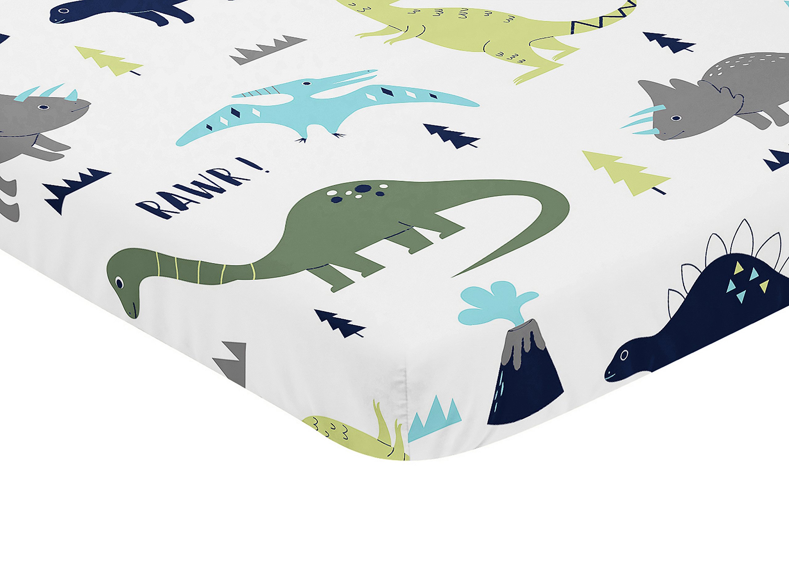 Sweet Jojo Designs Navy, Turquoise and Grey Dinosaur Baby Boy Fitted Mini Portable Crib Sheet for Mod Dino Collection - for Mini Crib or Pack and Play ONLY