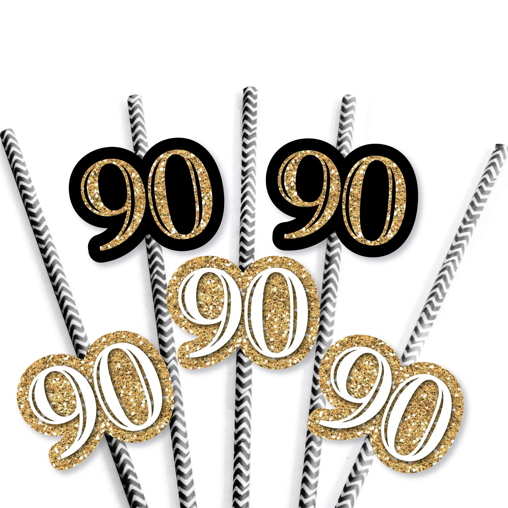 Adult 90th Birthday - Gold - Paper Straw Decor - Birthday Party Striped Decorative Straws - Set of 24