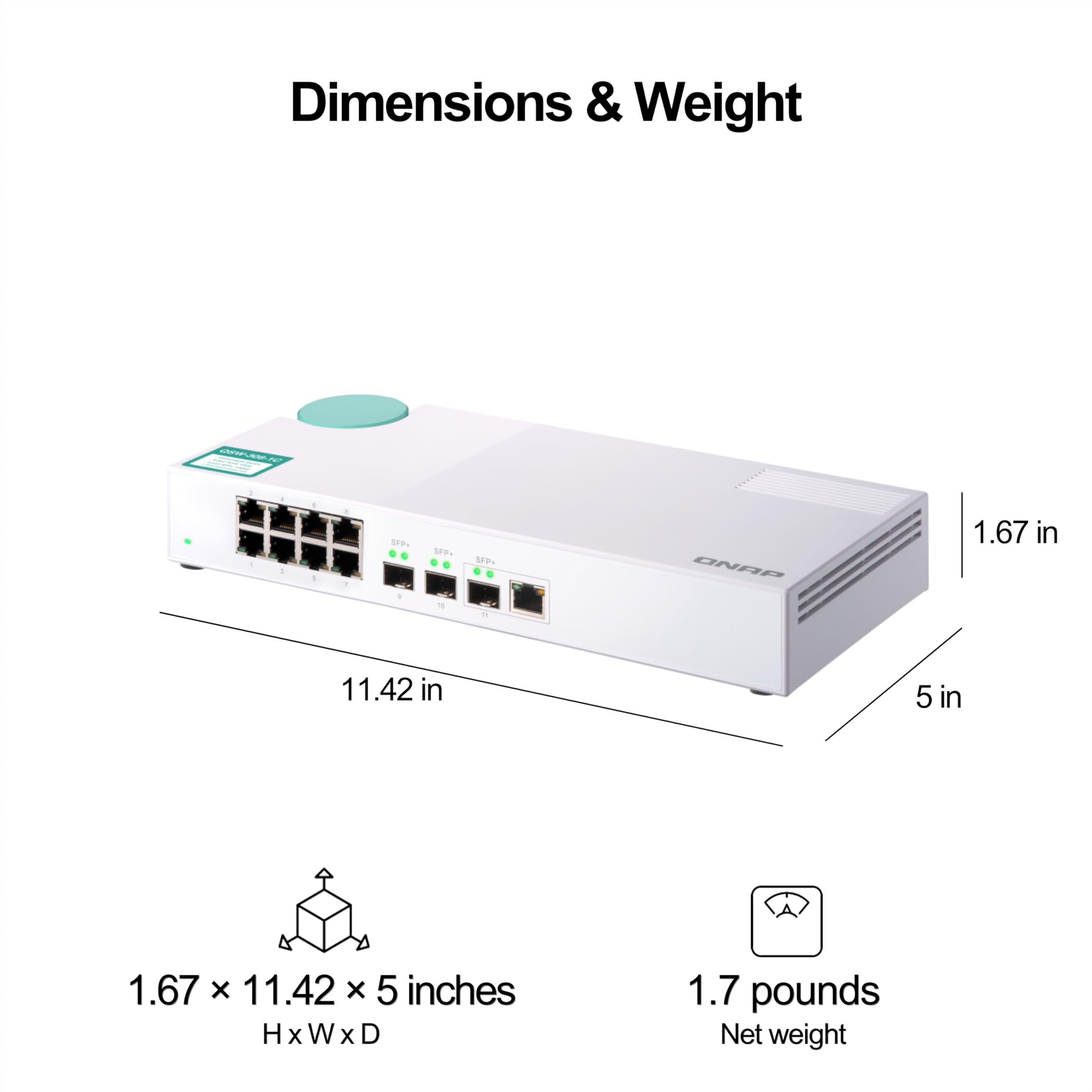 QNAP QSW-308-1C 10GbE Switch, with 3-Port 10G SFP+ (One 10GbE SFP+/RJ45 Combo Port) and 8-Port Gigabit Unmanaged Switch