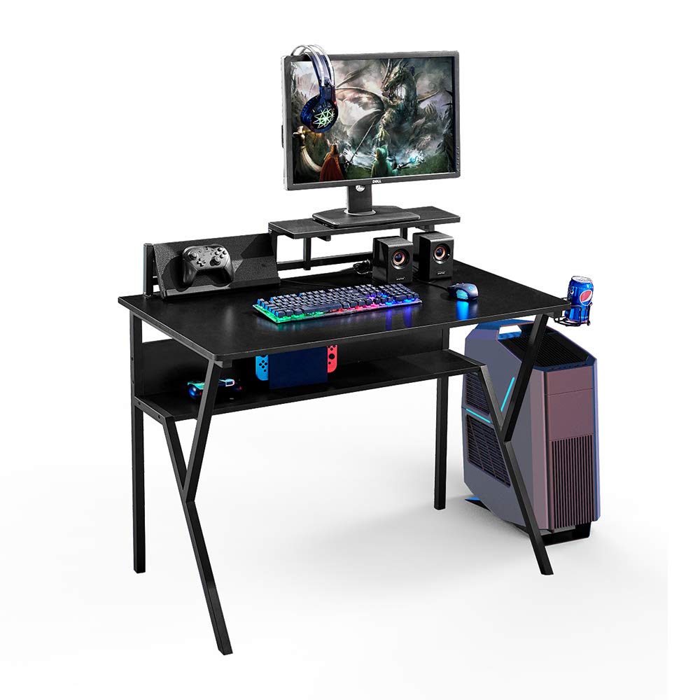 4HOMART Computer Desk, Gaming Table Wood Leaning Desk Home Office Workstation PC Laptop Writing Study Table with Cup Holderand Storage Shelf for Home Office Small Place Use