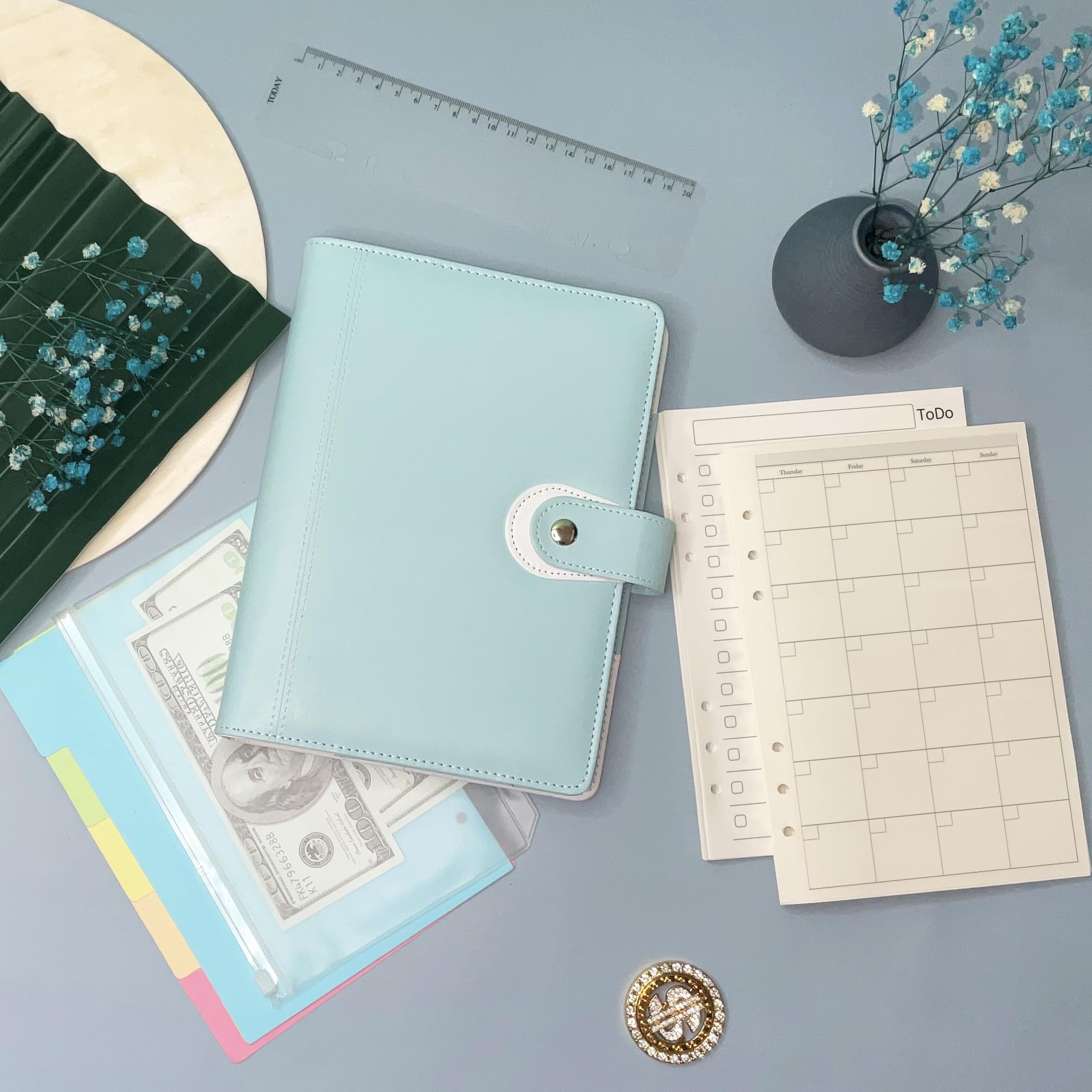 A5 6-Ring Planner kit with Planner Refill Inserts, Cash Pockets, Matched Labels, Christmas Gift Kit with Gift Box,Card and Pen 9.25 x 7.08'' (Harphia, 142B-Mint)