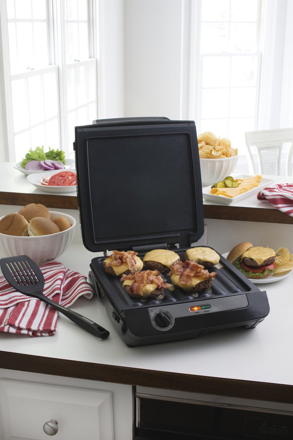 Hamilton Beach 3-in-1 Indoor Grill and Electric Griddle Combo and Bacon Cooker, Opens 180 Degrees to Double Cooking Space, Removable Nonstick Grids, (25600)