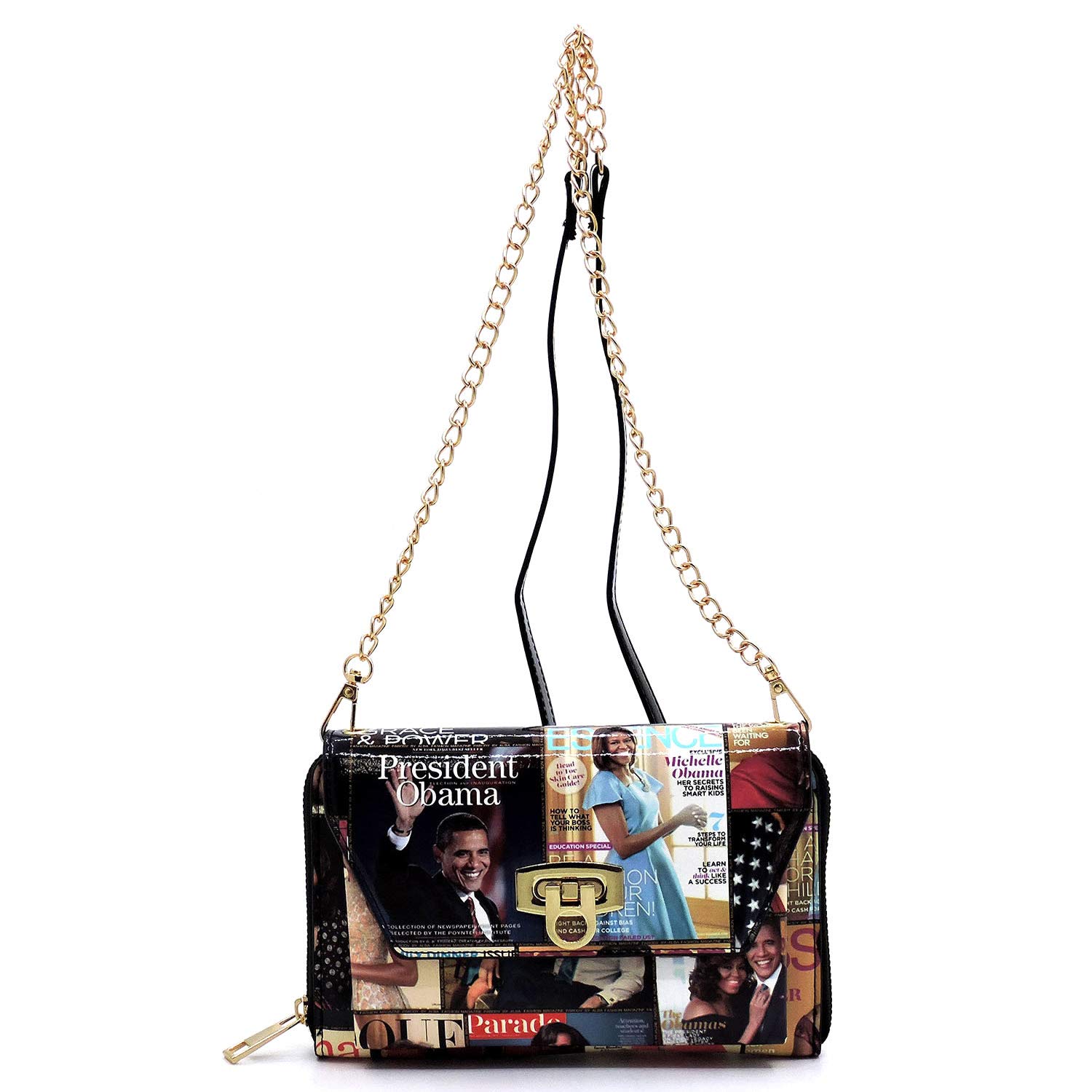 Amy & Joey Glossy Magazine Cover Collage Michelle Obama Printed Crossbody Wallet Clutch Bags with Flap and Zip Around Closure (Single Zip-Multi/Black)