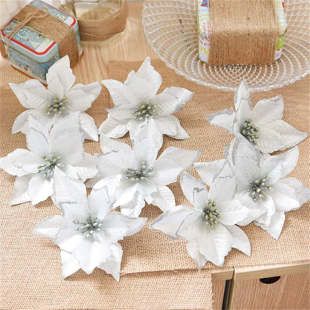 Christmas Glitter Flower Ornaments,Jchen 16Pcs Glitter Bling Christmas Tree Ornaments Artificial Christmas Flowers Christmas Tree Decoration Flower for Christmas Home Party Wedding Decor (Silver)