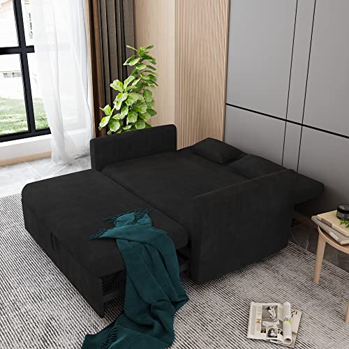 AVZEAR Sofa Bed, 3 in 1 Convertible Sleeper Sofa Bed 55.2" Velvet Loveseat Sofa Modern Pull Out Sofa Bed Lounge Chaise Armchair with Adjustable Backrest, 2 Lumbar Pillows, Black
