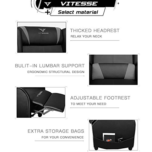 VITESSE Gaming Recliner Chair Racing Style Single PU Leather Sofa Modern Living Room Recliners Ergonomic Comfortable Home Theater Seating, Grey