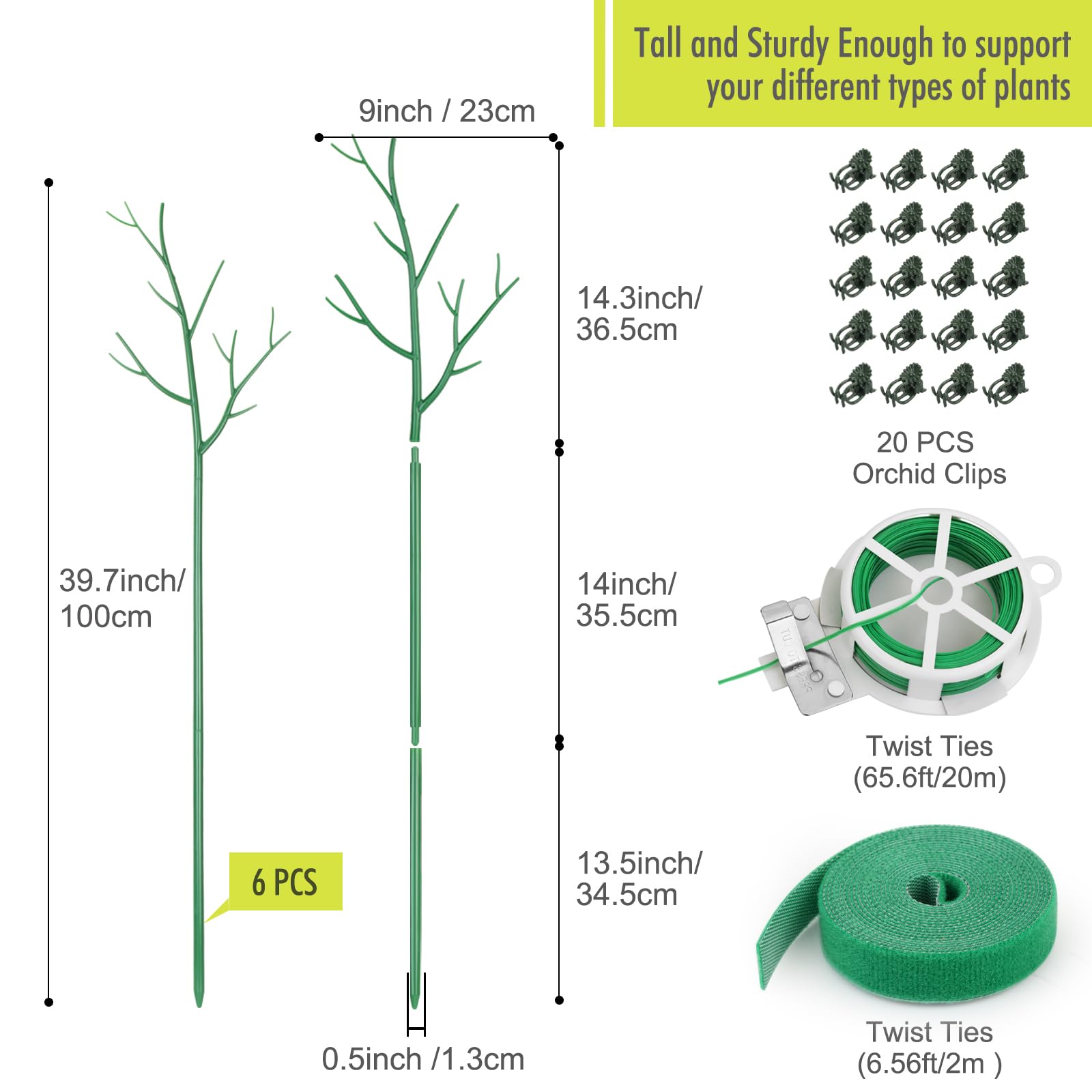 6 Pack Plant Support Stakes for Indoor Plants, 39.37 Inch Twig Plant Sticks with Orchid Clips Twist Ties and Plant Ties for House Potted Monstera Plants, Plastic Branches Support Structures, Green