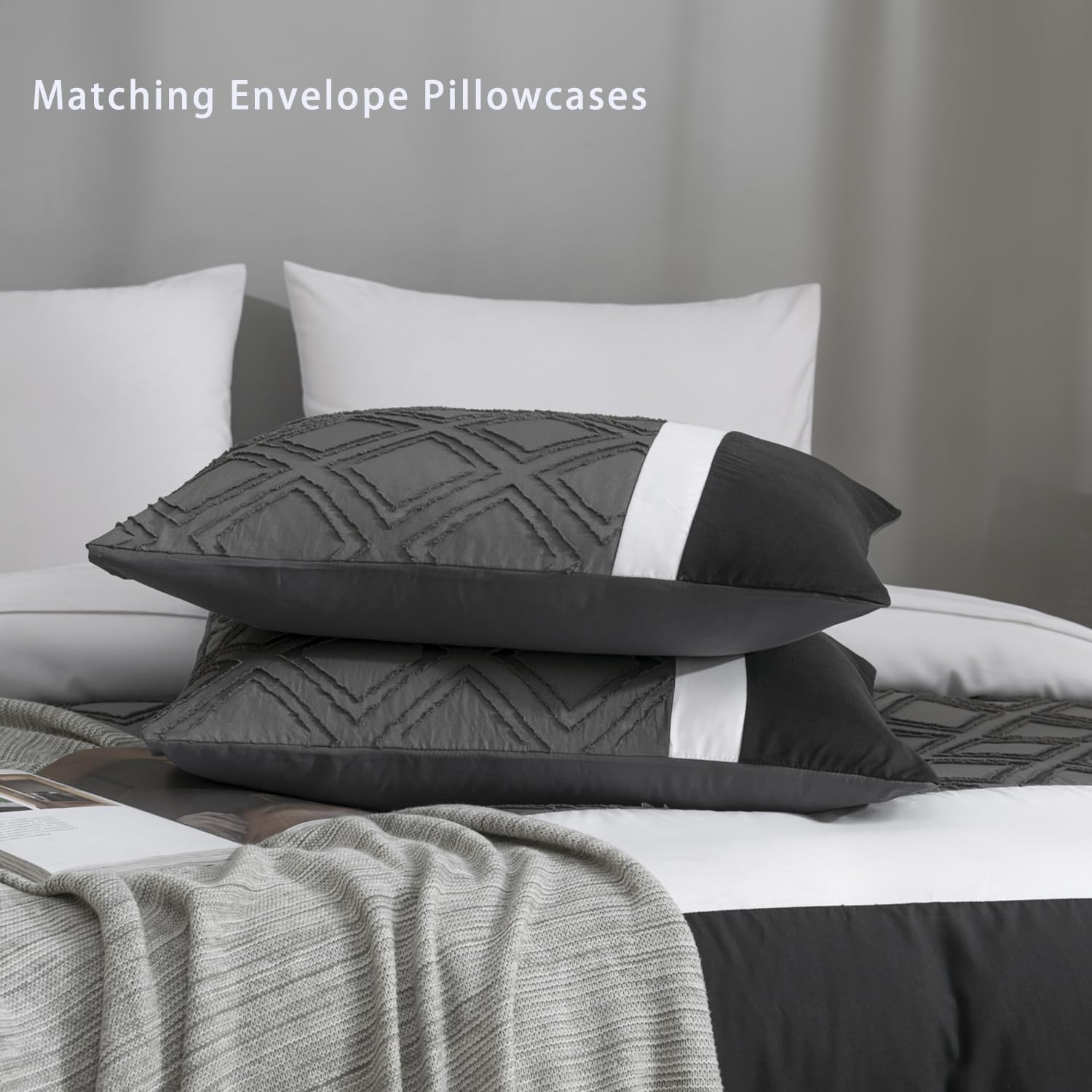 YASMENG Dark Gray Tufted Duvet Cover Queen Set Grey Black and White Colorblock Patchwork Bedding Comforter Cover Modern Farmhouse Boho Jacquard Rhomboid Tuft Texture Duvet Cover with 2 Pillowcases
