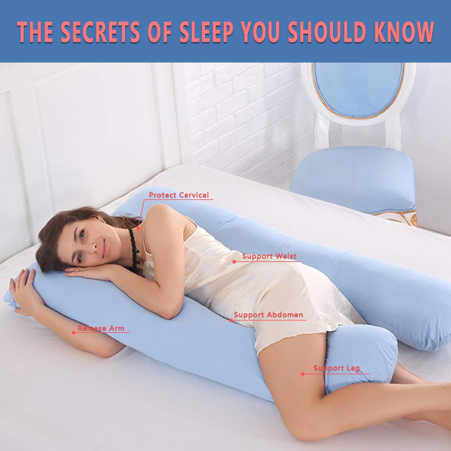57" Full Body Pregnancy Pillow, C-Shaped Maternity Pillow for Sleeping with Nursing Baby Design, w/Removable Cotton Cover (Gray)