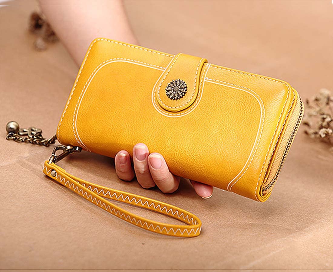Coolstar Wallets for Women & Men PU Leather Clutch Wallet with Credit Card Holders Wristlet Phone Checkbook Organizer Large (Yellow with Sunflower Snap), Sunflower Snap + Yellow