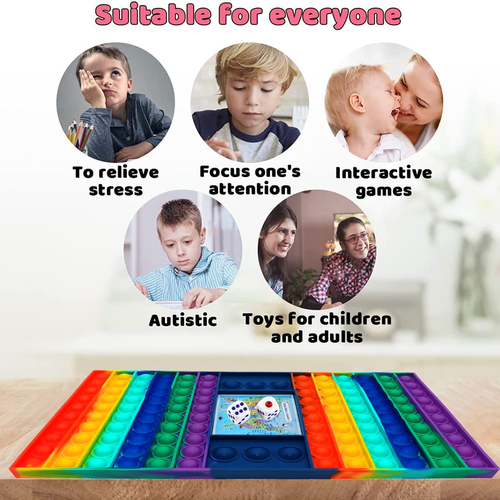 COOPEA Pop it Fidget Game with Dice, Silicone Rainbow Chess Game Board Giant Pops Push Bubble Fidget Sensory Toys for its Parent-Child Time,Jumbo Pop Game for Kids and Adults