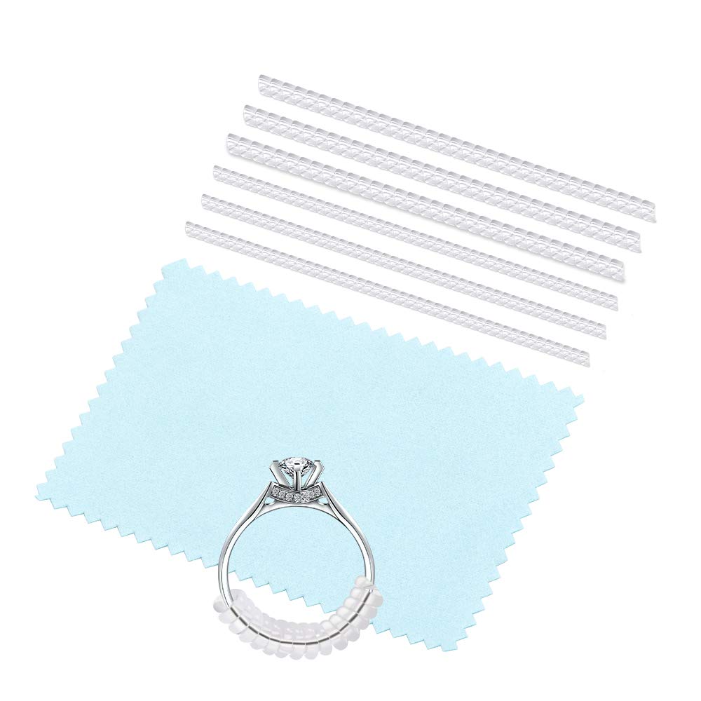 6 Pack Ring Size Adjuster for Loose Rings, 2 Styles Invisible Transparent Ring Sizer Adjusters with Silver Polishing Cloth